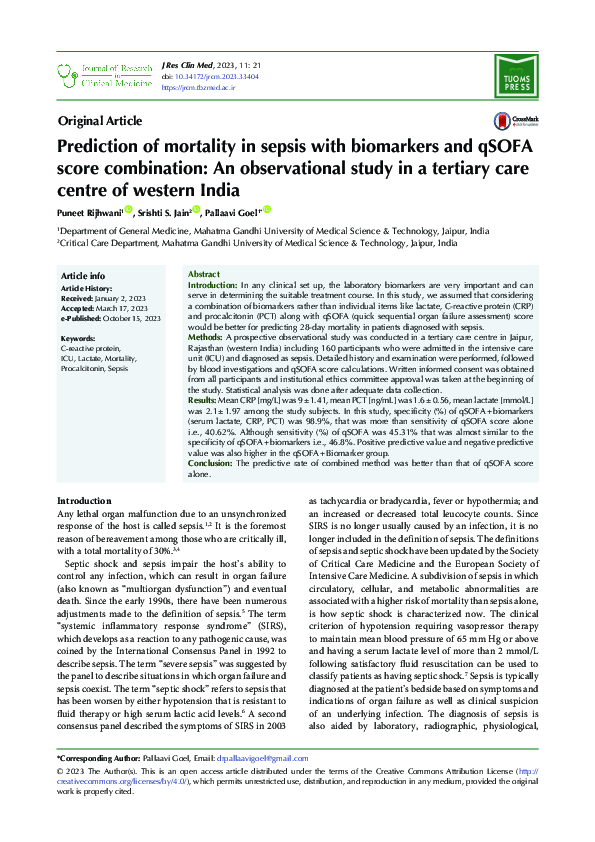 (PDF) Prediction of mortality in sepsis with biomarkers and qSOFA score ...