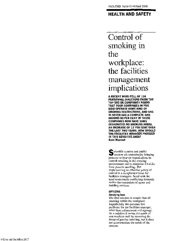 (PDF) Control of smoking in the workplace: the facilities management ...