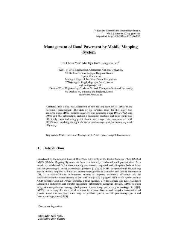 (PDF) Management of Road Pavement by Mobile Mapping System