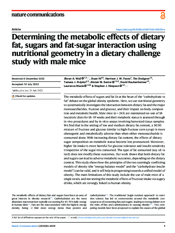 (PDF) Determining the metabolic effects of dietary fat, sugars and fat ...