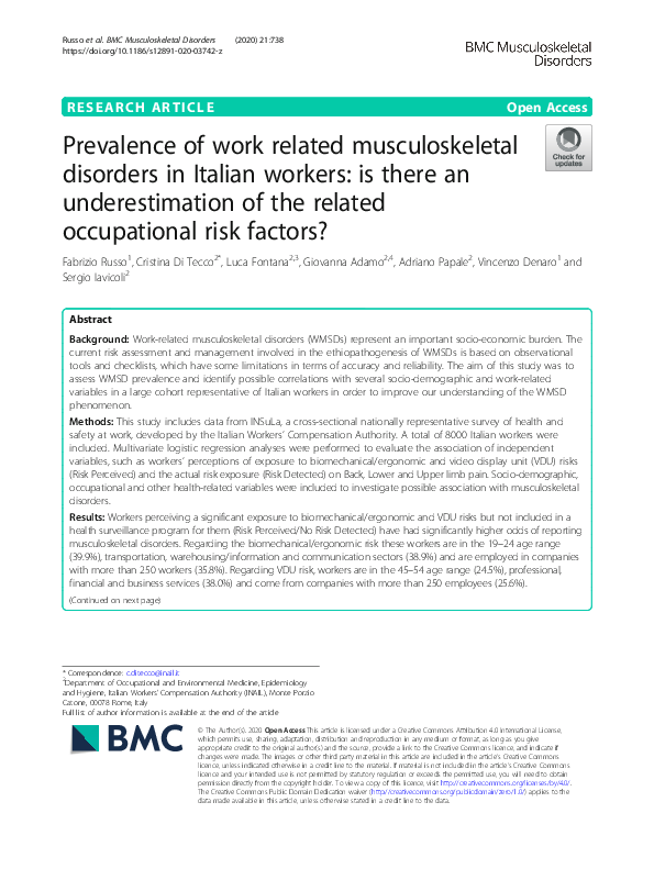 (PDF) Prevalence of work related musculoskeletal disorders in Italian ...