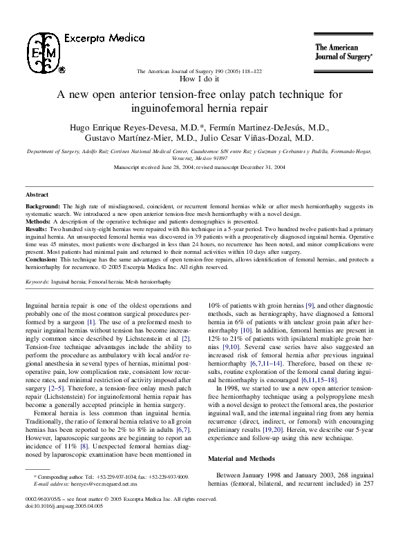 (PDF) A new open anterior tension-free onlay patch technique for ...