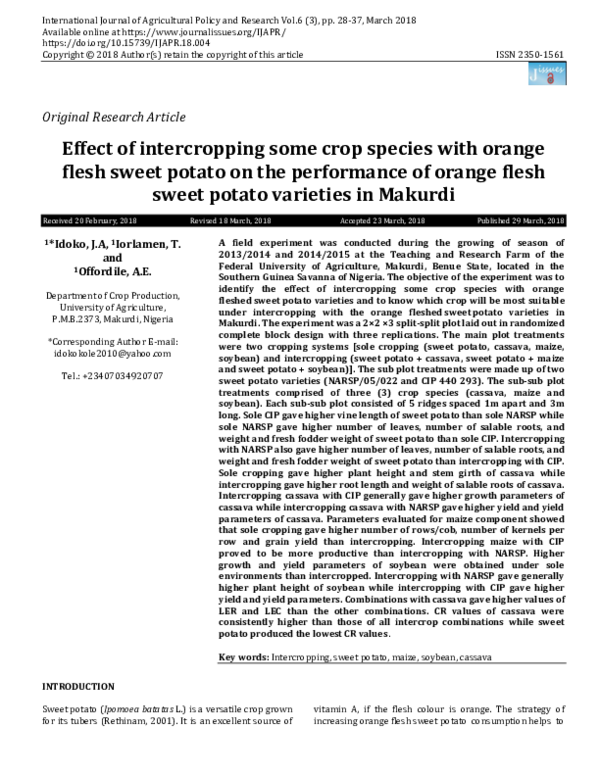 (PDF) Effect of intercropping some crop species with orange flesh sweet potato on the ...