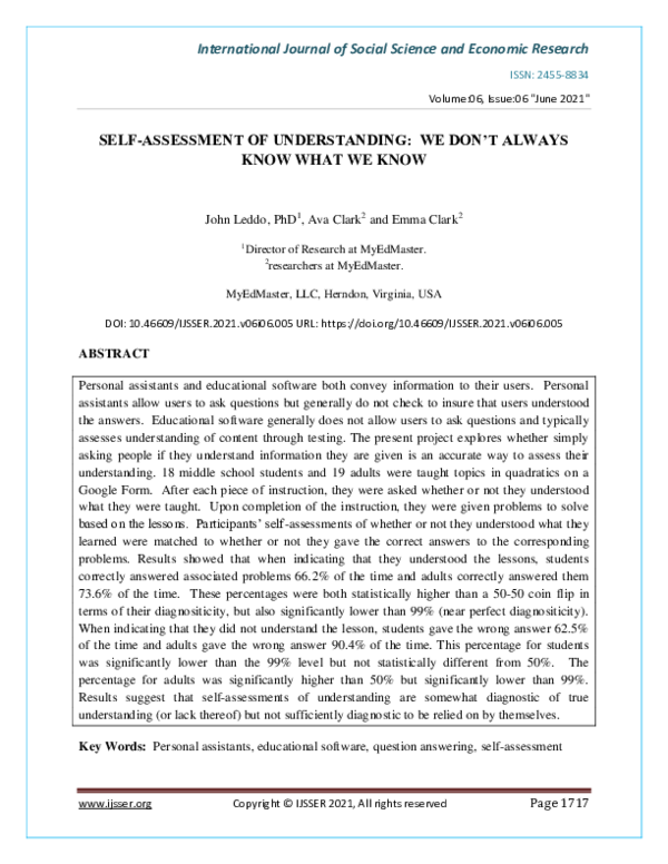(PDF) Self-Assessment of Understanding: We Don’t Always Know What We Know