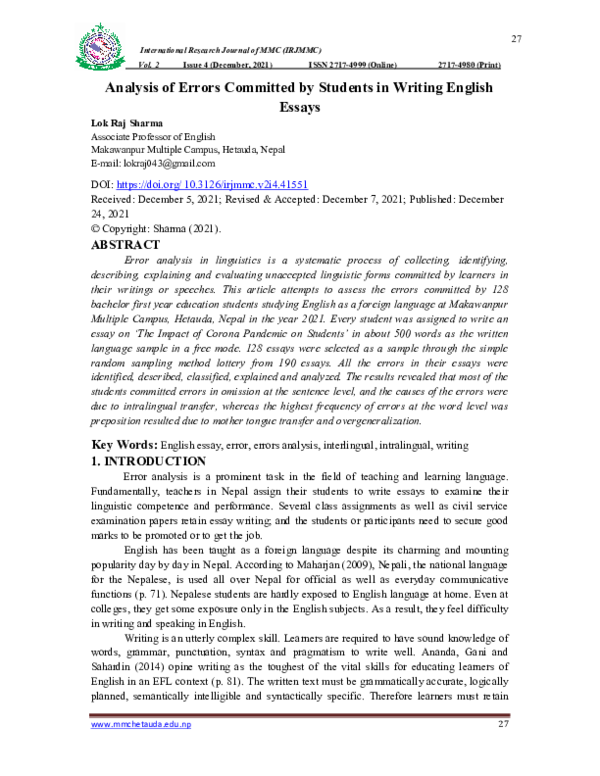 (PDF) Analysis of Errors Committed by Students in Writing English Essays