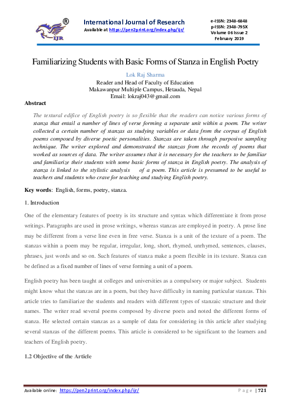 (PDF) Familiarizing Students with Basic Forms of Stanza in English Poetry