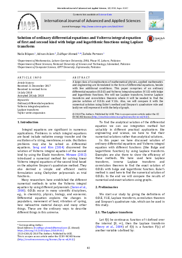 Pdf Solution Of Ordinary Differential Equations And Volterra Integral Equation Of First And