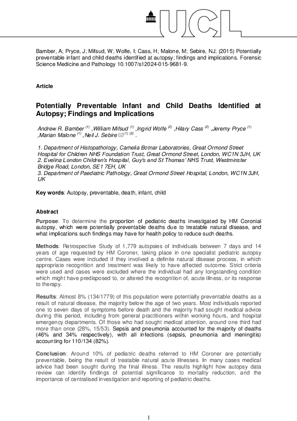 Potentially preventable infant and child deaths identified at autopsy ...