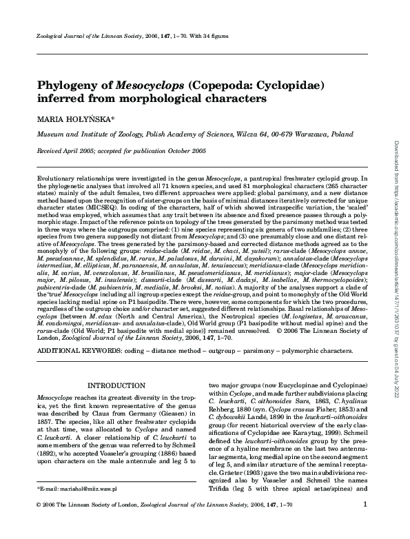 (PDF) Phylogeny of Mesocyclops (Copepoda: Cyclopidae) inferred from morphological characters