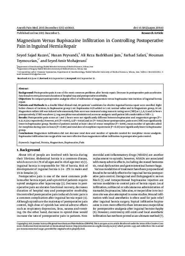 (PDF) Magnesium Versus Bupivacaine Infiltration in Controlling ...