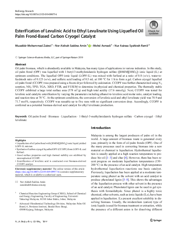 (PDF) Esterification of levulinic acid to ethyl levulinate: optimization of process conditions ...