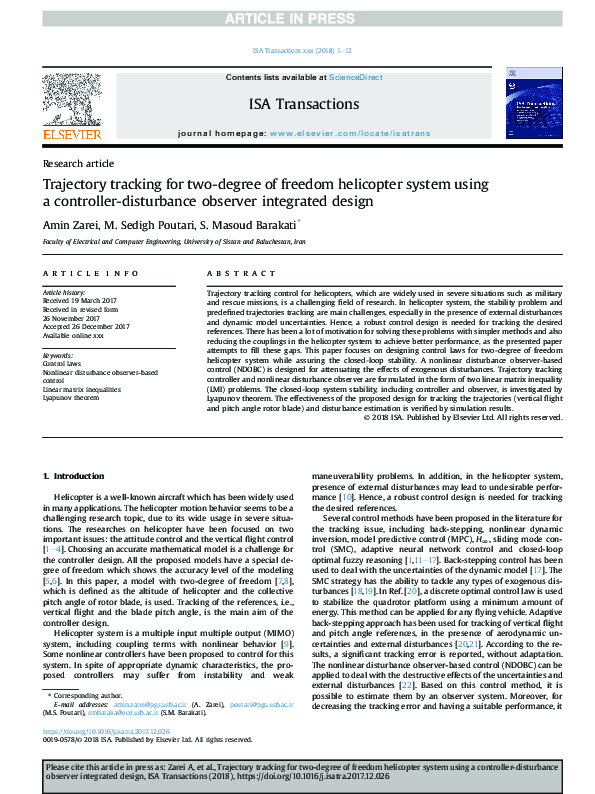 Pdf Trajectory Tracking For Two Degree Of Freedom Helicopter System Using A Controller