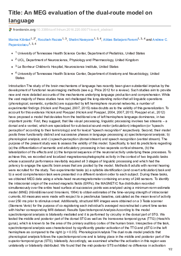 (PDF) Title: An MEG evaluation of the dual-route model on language
