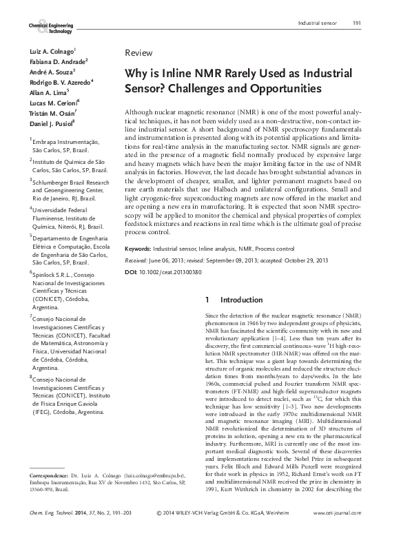 (PDF) Why is Inline NMR Rarely Used as Industrial Sensor? Challenges ...