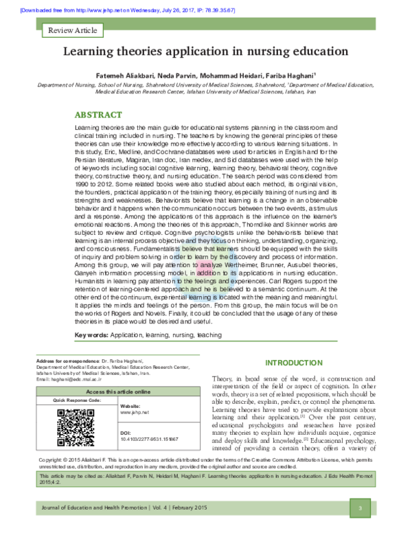 (PDF) Learning theories application in nursing education
