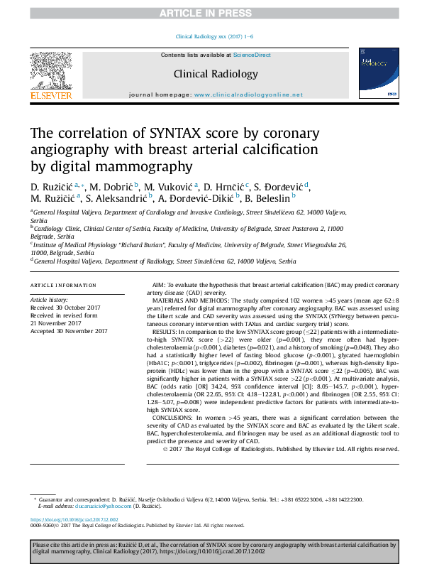 (PDF) The correlation of SYNTAX score by coronary angiography with ...