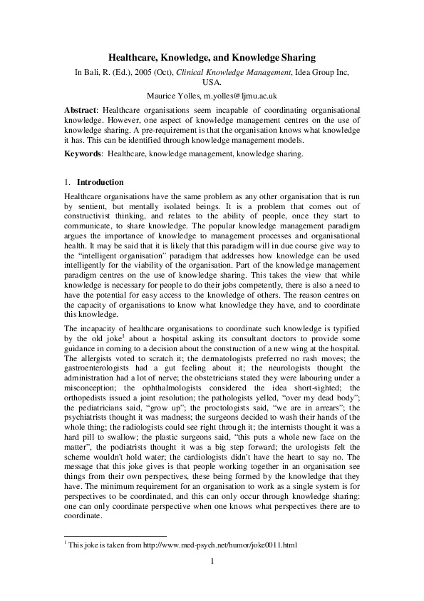 (PDF) Healthcare, Knowledge, and Knowledge Sharing