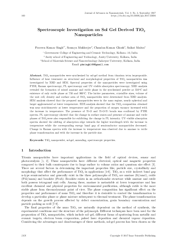 (PDF) Spectroscopic Investigation on Sol Gel Derived TiO 2 Nanoparticles