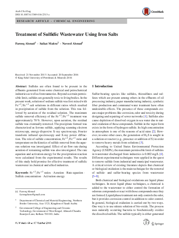 (PDF) Treatment of Sulfidic Wastewater Using Iron Salts