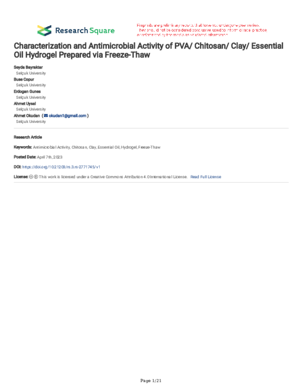 (PDF) Characterization and Antimicrobial Activity of PVA/ Chitosan/ Clay/ Essential Oil Hydrogel ...