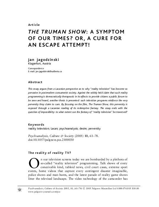 (PDF) The Truman Show: A Symptom of our Times? Or, a Cure for an Escape ...