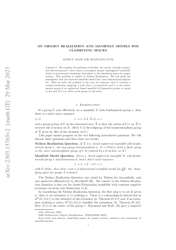 (PDF) On Nielsen realization and manifold models for classifying spaces | Wolfgang Lueck ...