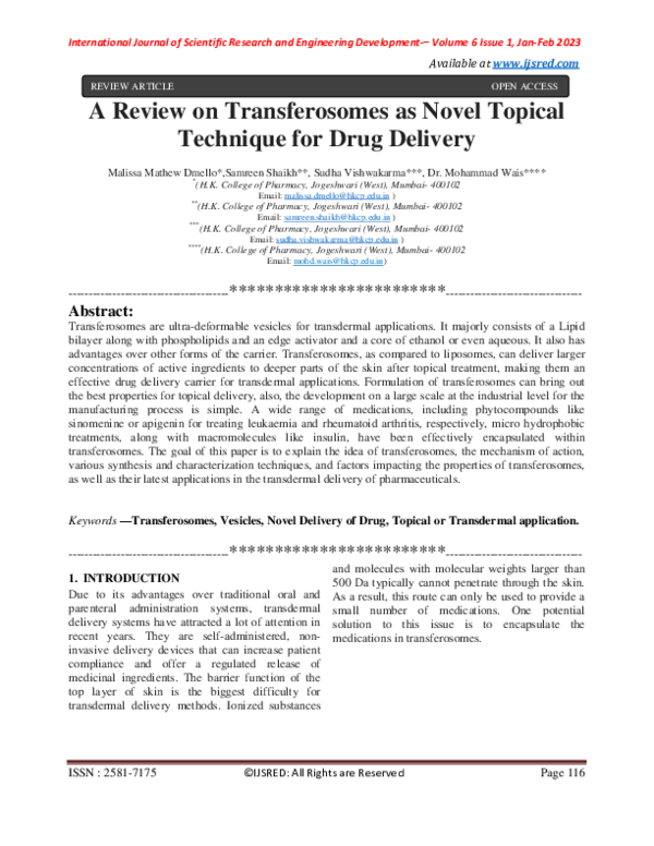 (PDF) A Review on Transferosomes as Novel Topical Technique for Drug ...