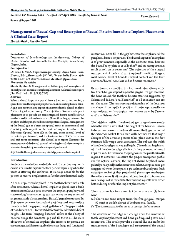 (PDF) Management of Buccal Gap and Resorption of Buccal Plate in Immediate Implant Placement: A ...