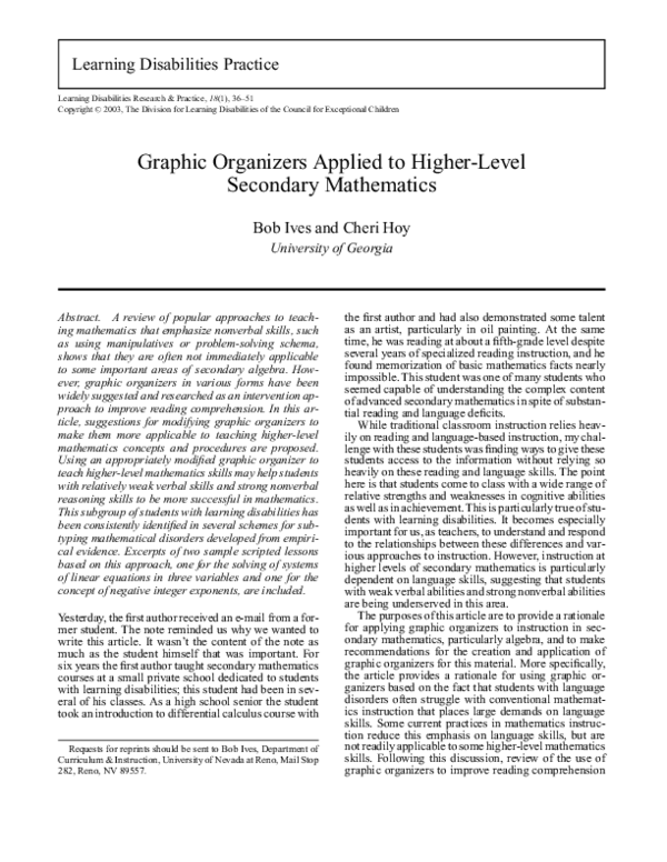 (PDF) Graphic Organizers Applied to Higher-Level Secondary Mathematics