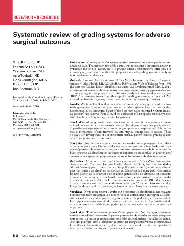 (PDF) Systematic review of grading systems for adverse surgical outcomes