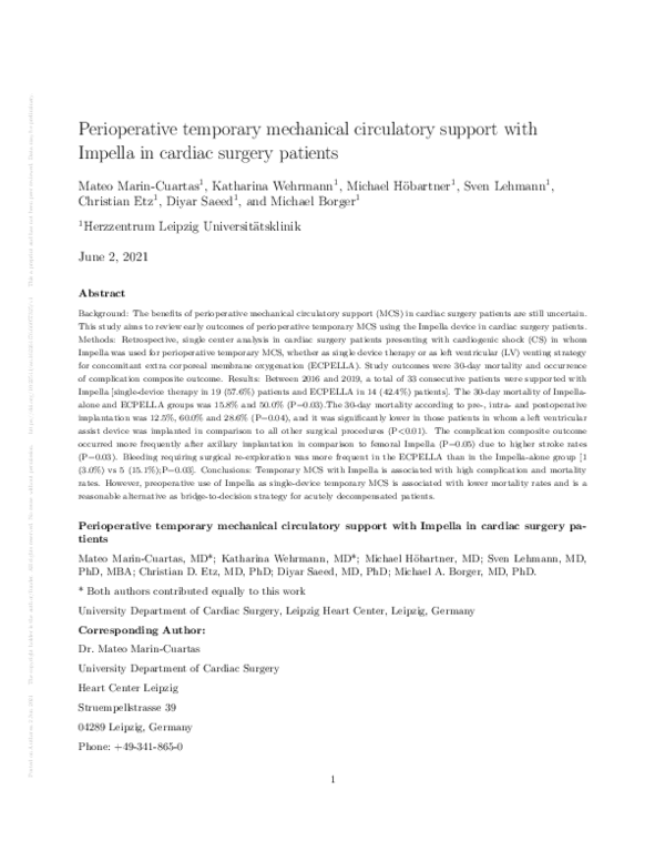 (PDF) Perioperative temporary mechanical circulatory support with ...