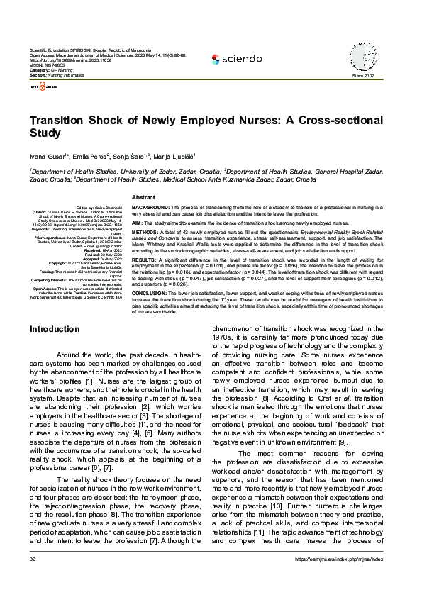 (PDF) Transition Shock of Newly Employed Nurses: A Cross-sectional Study