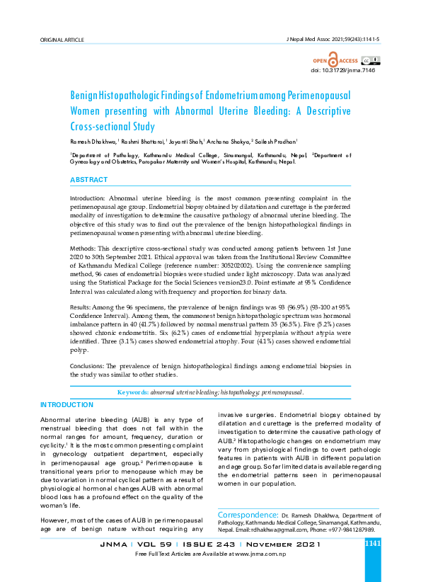 (PDF) Benign Histopathologic Findings of Endometrium among Perimenopausal Women presenting with ...