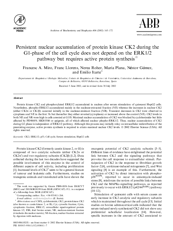 (PDF) Persistent nuclear accumulation of protein kinase CK2 during the G1-phase of the cell ...