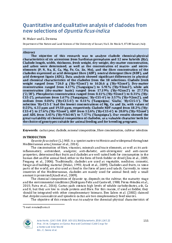 (PDF) Quantitative and qualitative analysis of cladodes from new selections of Opuntia ficus-indica