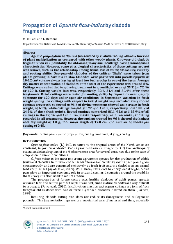(PDF) Propagation of Opuntia ficus-indica by cladode fragments