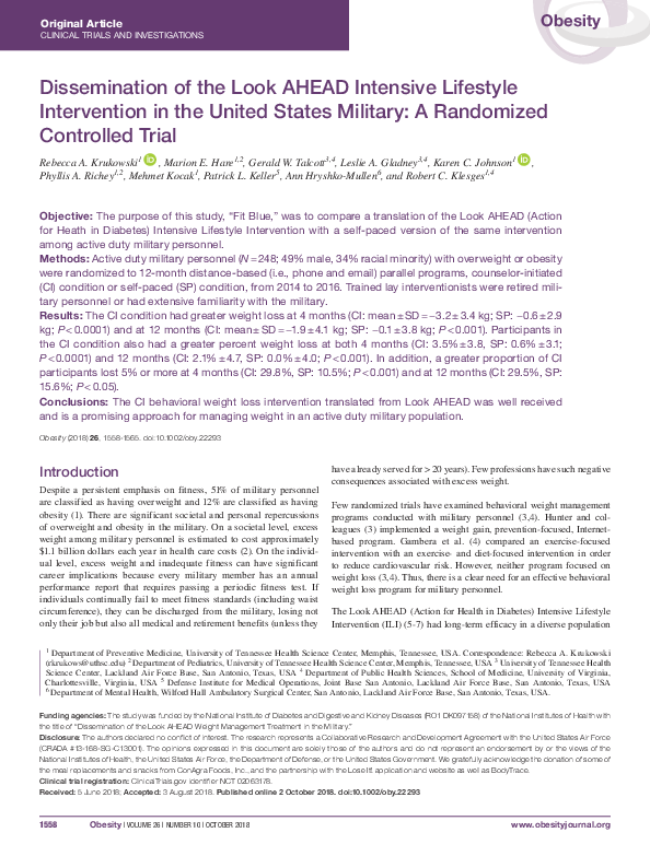 (PDF) Dissemination of the Look AHEAD Intensive Lifestyle Intervention ...