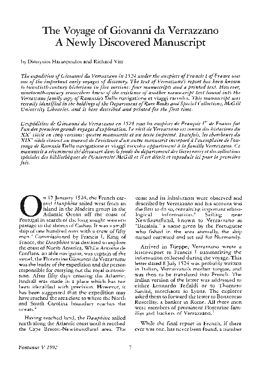 (PDF) The Voyage of Giovanni da Verrazzano: A Newly Discovered Manuscript