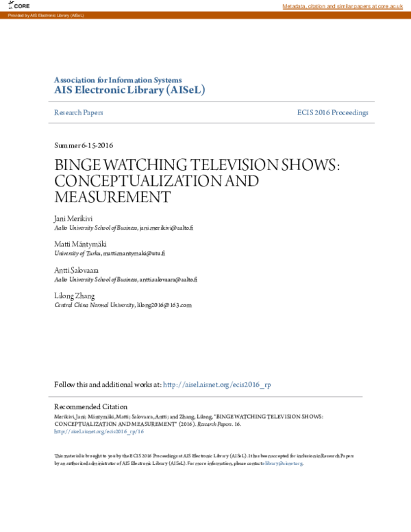(PDF) Binge Watching television shows: Conceptualization and Measurement