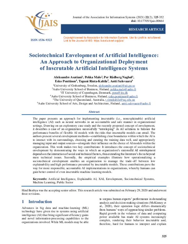 (PDF) Sociotechnical Envelopment of Artificial Intelligence: An Approach to Organizational ...