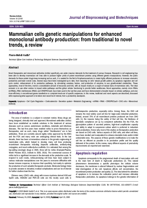 (PDF) Mammalian cells genetic manipulations for enhanced monoclonal ...
