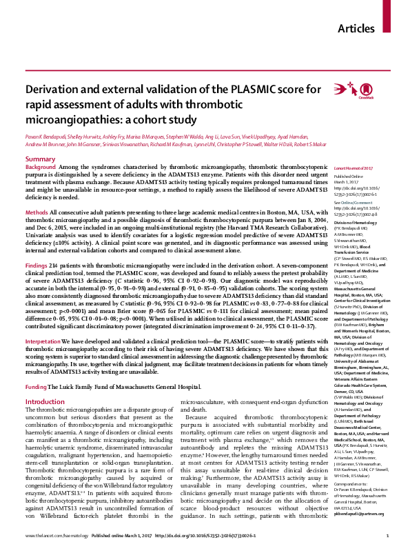 (PDF) Derivation and external validation of the PLASMIC score for rapid ...