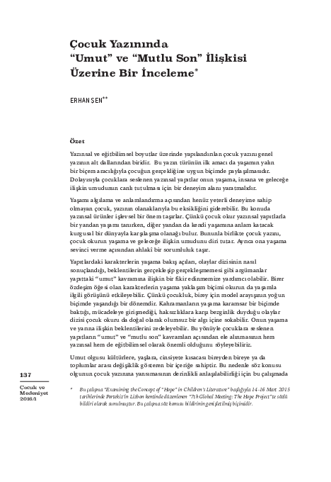 (PDF) Çocuk Yazınında “Umut” ve “Mutlu Son” İlişkisi Üzerine Bir İnceleme