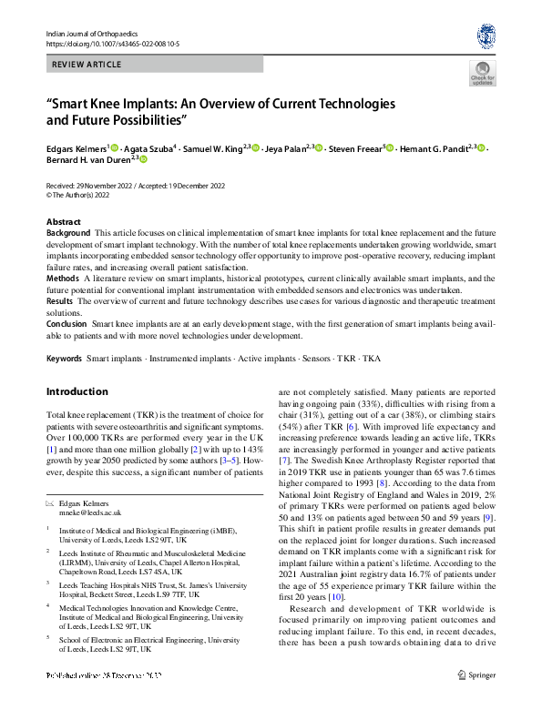(PDF) “Smart Knee Implants: An Overview of Current Technologies and ...