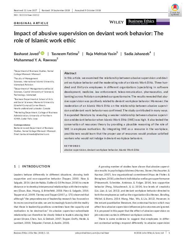 (PDF) Impact of abusive supervision on deviant work behavior: The role ...