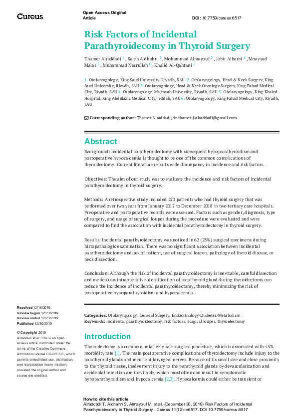(PDF) Risk Factors of Incidental Parathyroidecomy in Thyroid Surgery