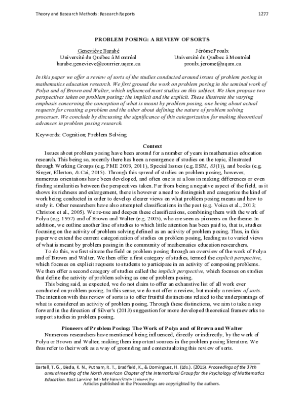 (PDF) Problem Posing: A Review of Sorts