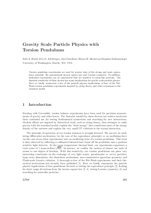 (PDF) Gravity scale particle physics with torsion pendulums | Stephan ...