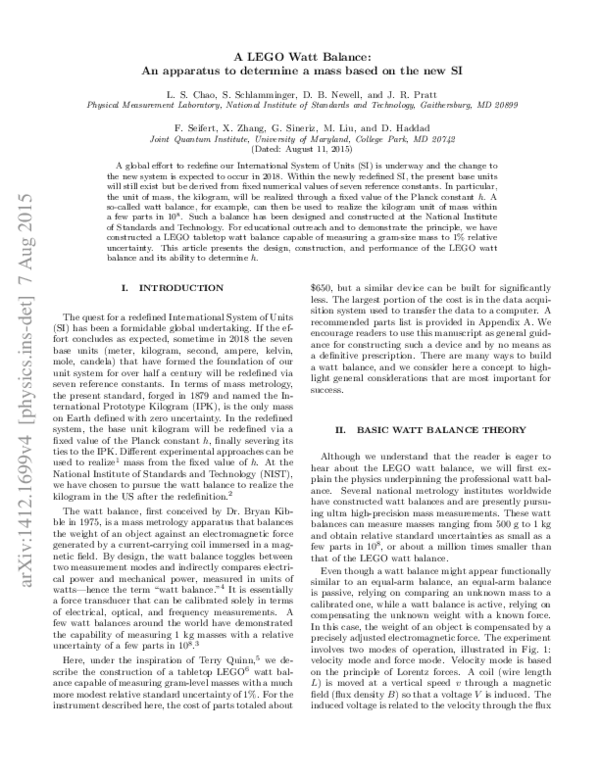 (PDF) A LEGO Watt Balance: An apparatus to determine a mass based on ...