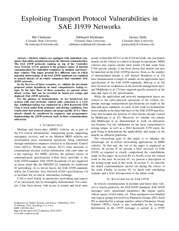(PDF) Exploiting Transport Protocol Vulnerabilities in SAE J1939 Networks
